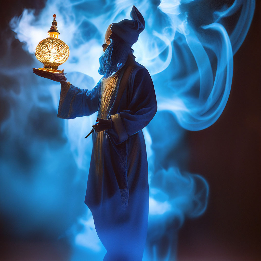 "From blue fluorescent smoke, the silhouette of a mystical genie ...