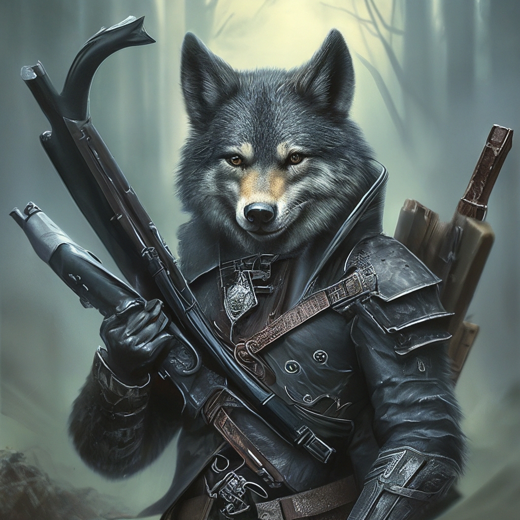 "A gothic wolf with a crossbow and a shotgun, all dressed in leather ...