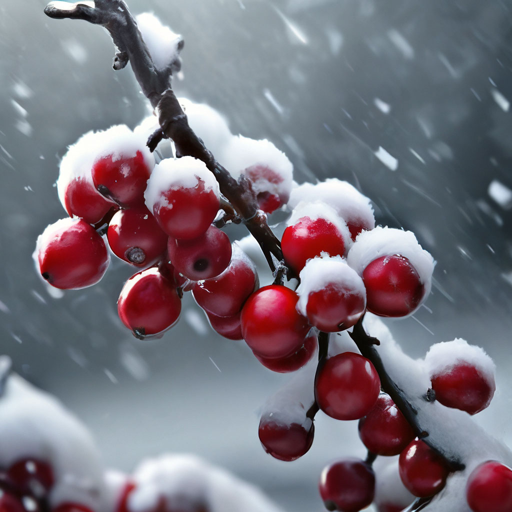 "Lots of cranberries on a twig in the snow, beautiful, realistic ...