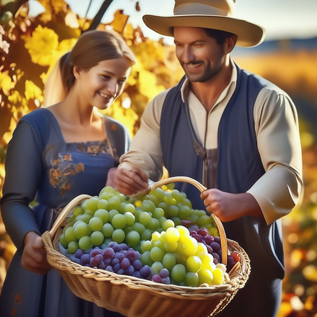 "Grape autumn field, male and female peasants , picking grapes in ...