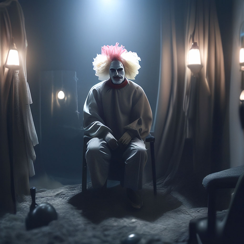 "Dusty empty dressing room, dim light bulb, evil clown sitting in front ...