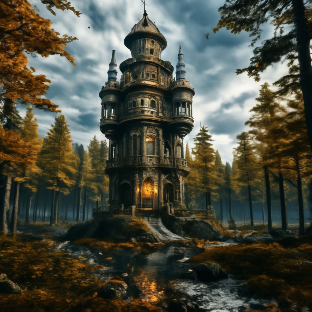 "High resolution, high detail, hyperrealism, there is a tall mage tower ...