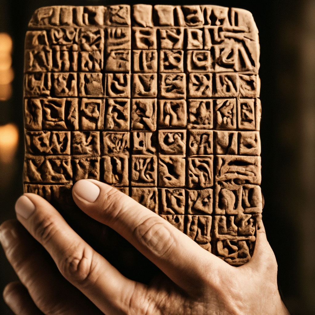 "In the scribe's hand is a Sumerian clay tablet with cuneiform script ...