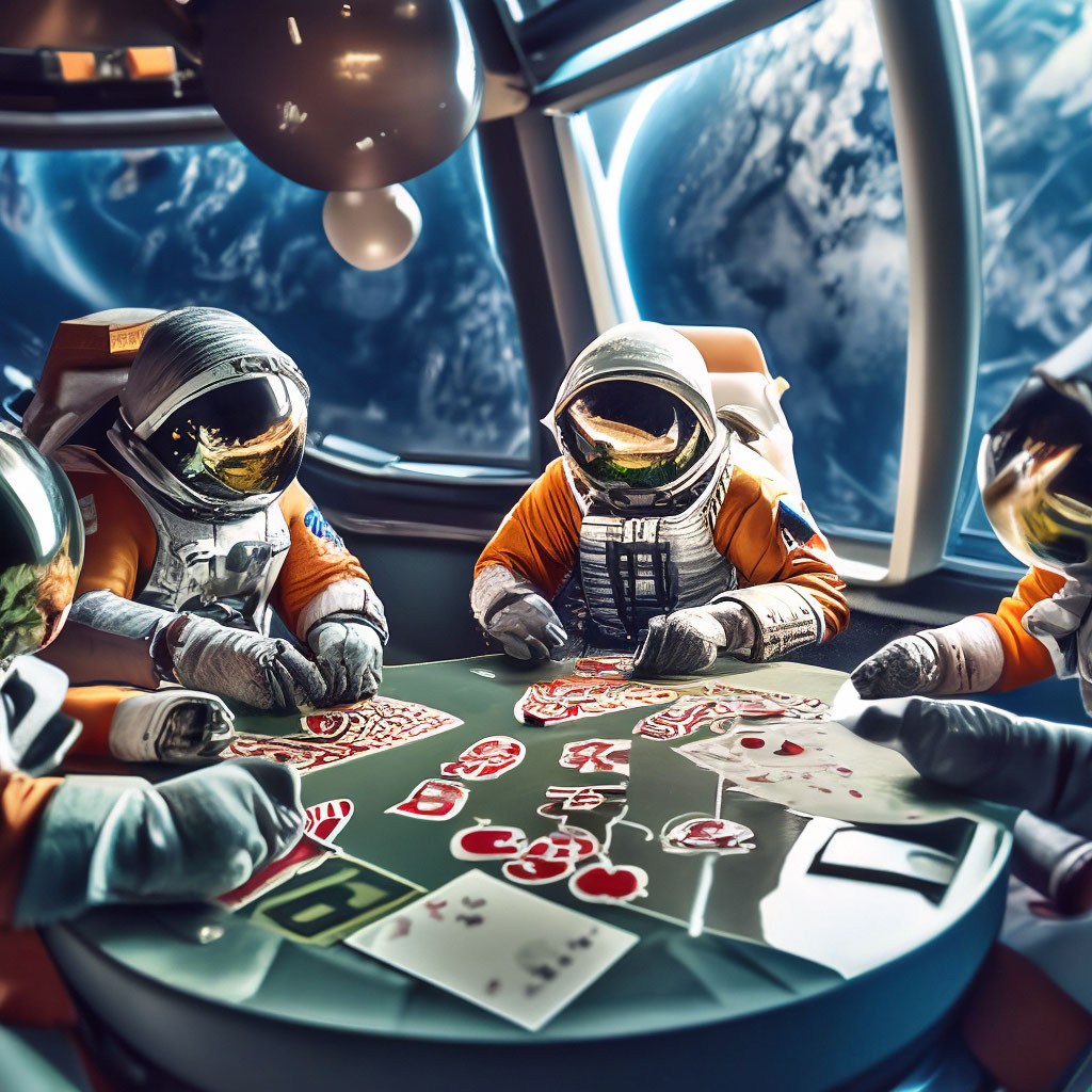 "Astronauts play cards in a rocket with a view of the earth behind ...