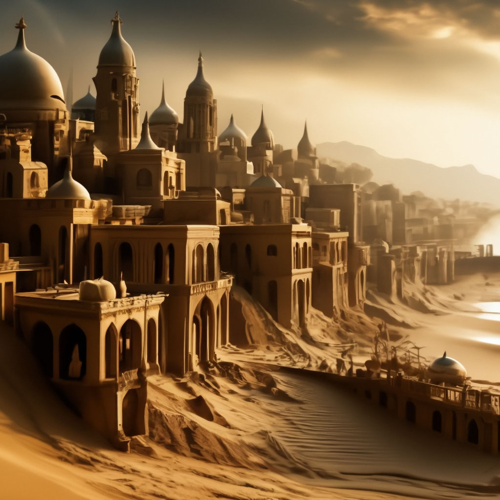 "The beautiful city is covered with sand" — image created in Shedevrum