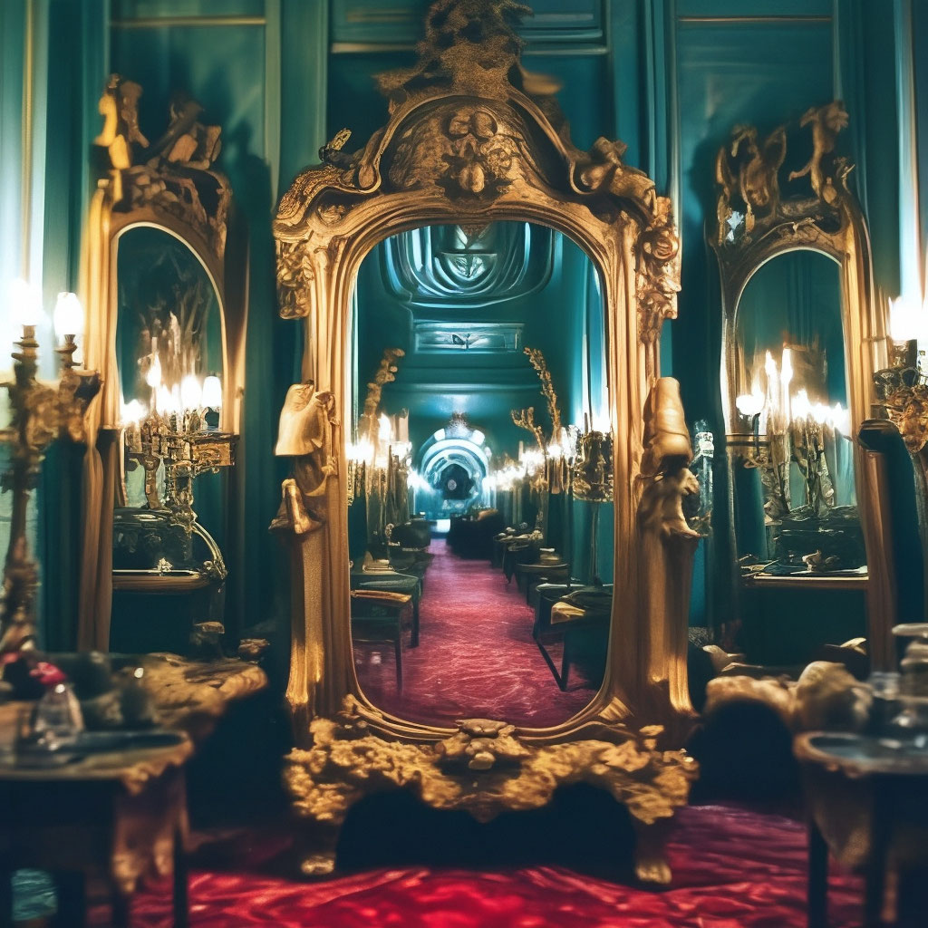 "The mysterious world of mirrors, horror" — image created in Shedevrum