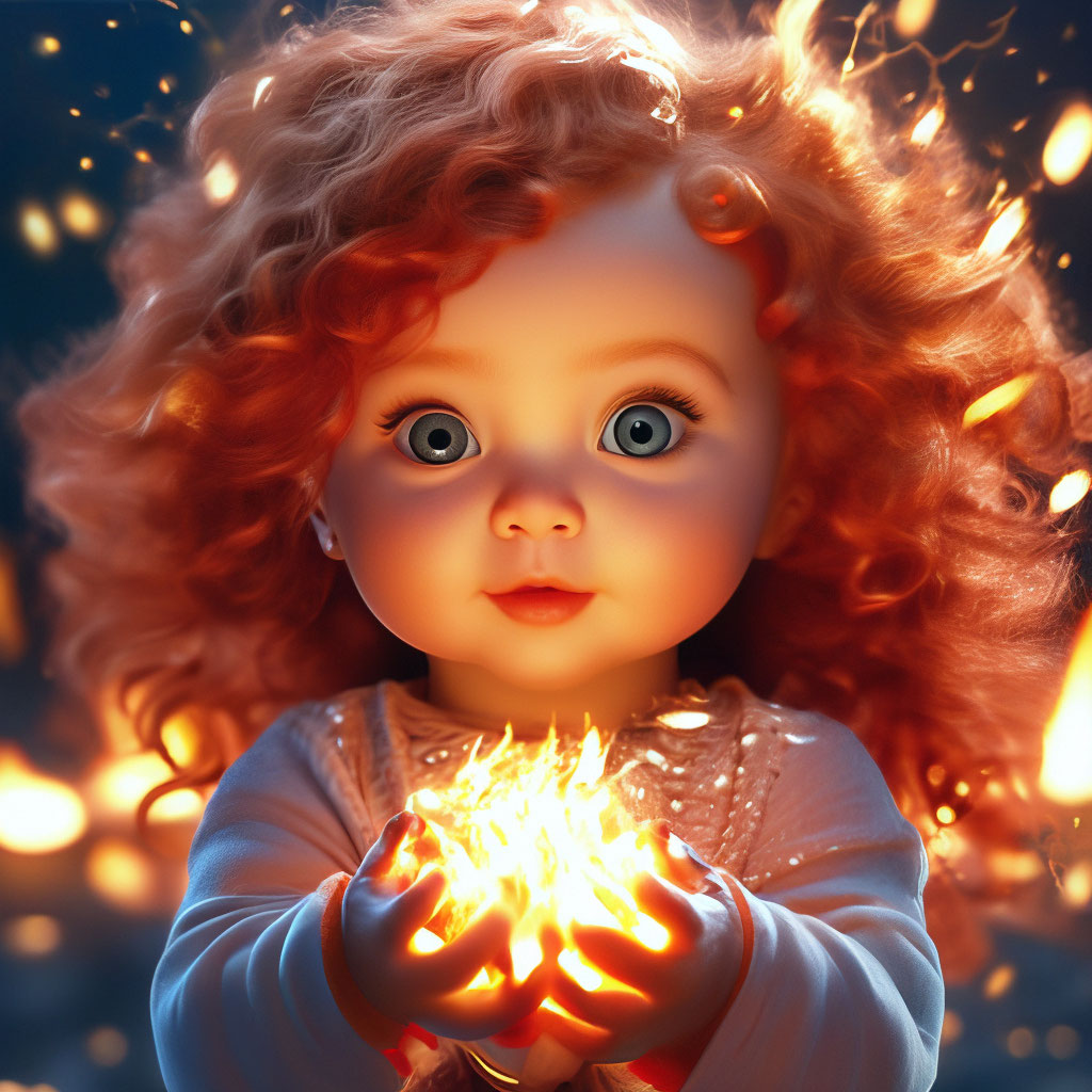 "Fiery baby, a shock of red curls, hair made of fire, big eyes, very ...