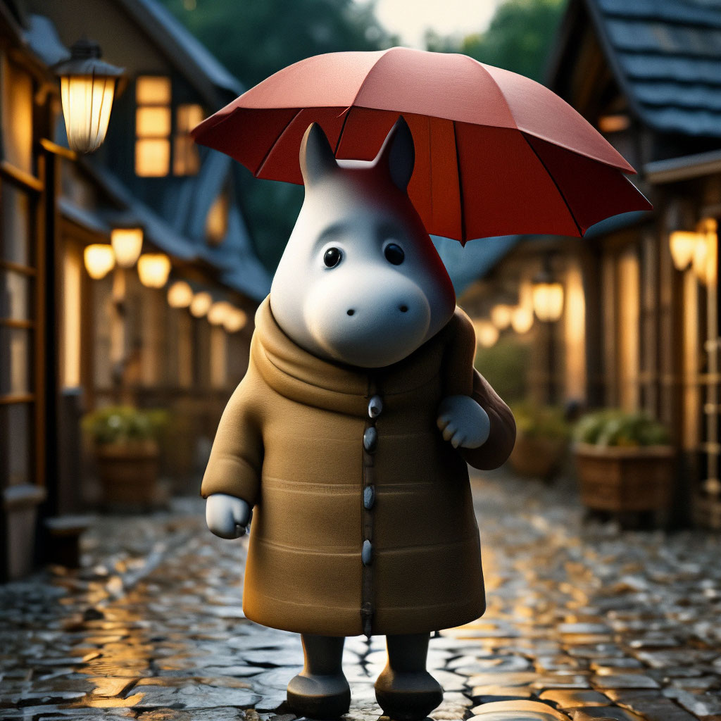 "Photorealism, moomin village at night, mummy troll with umbrella ...