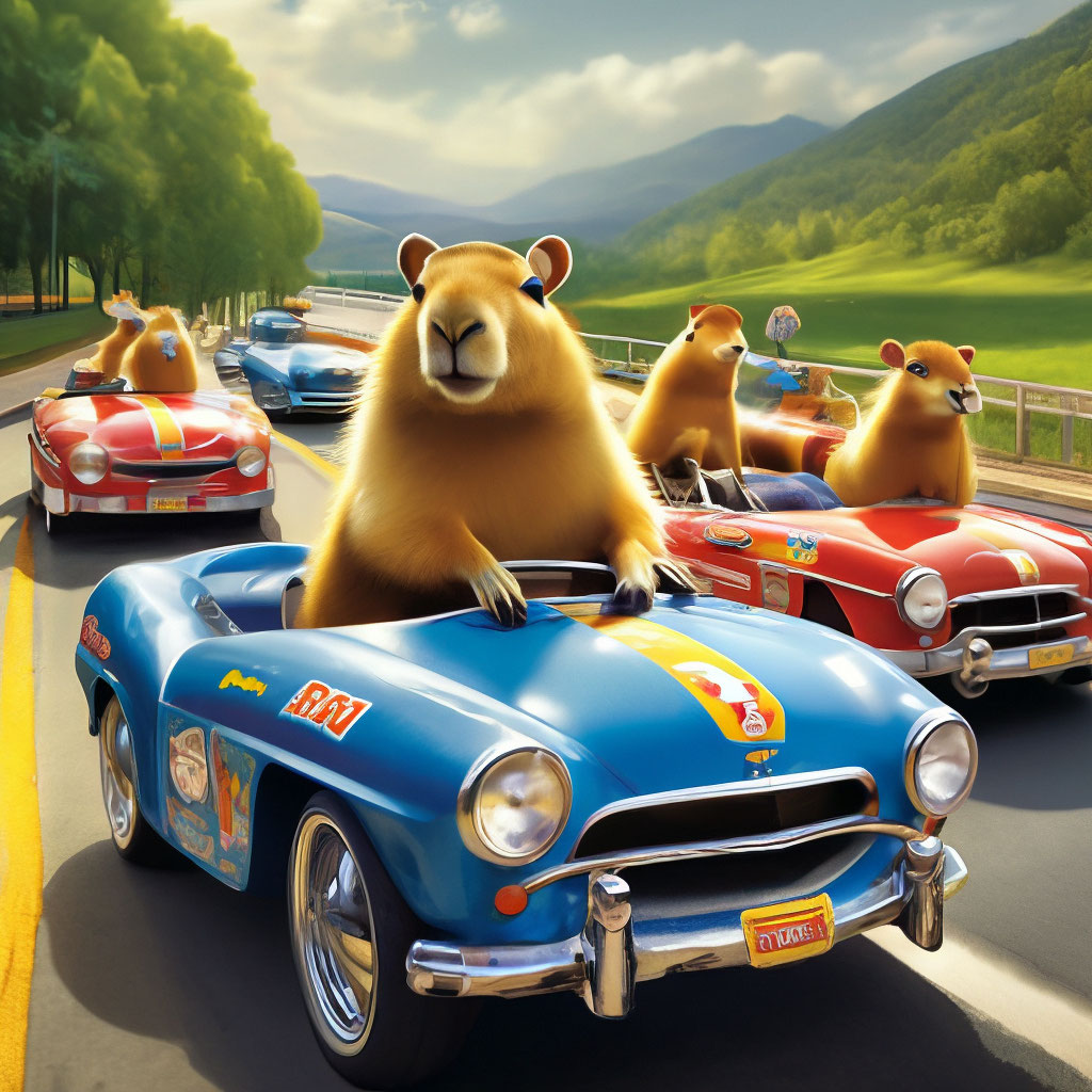 "A capybara in a racing car rides along the ring road with other ...