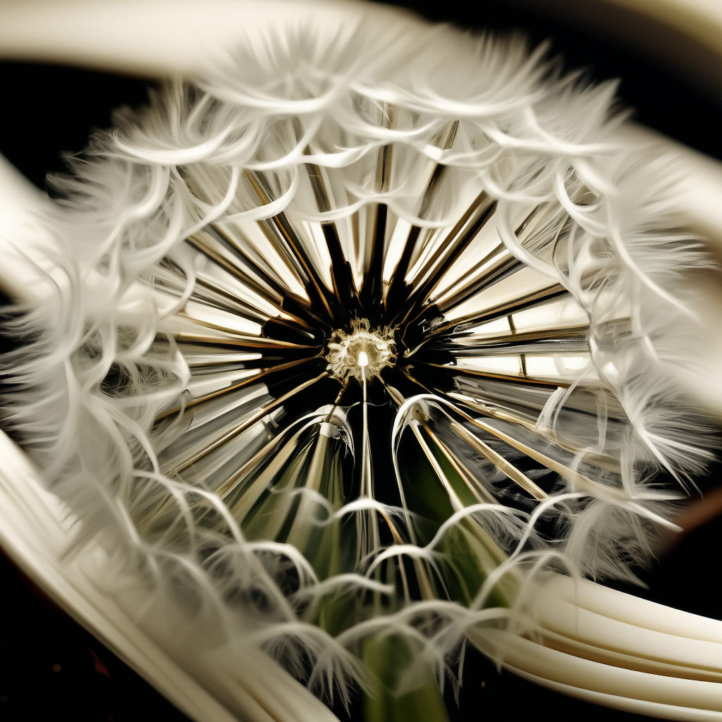 "Dandelion metamorphoses curved black and white lines, twisted black ...