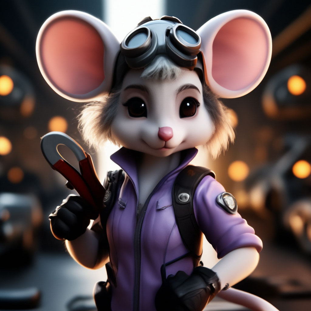 "A white mouse girl, with big ears, dressed in a lilac jumpsuit ...