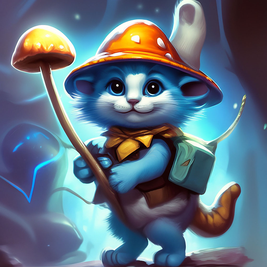 "A smurf cat with a mushroom on its head carries a bag on a stick ...