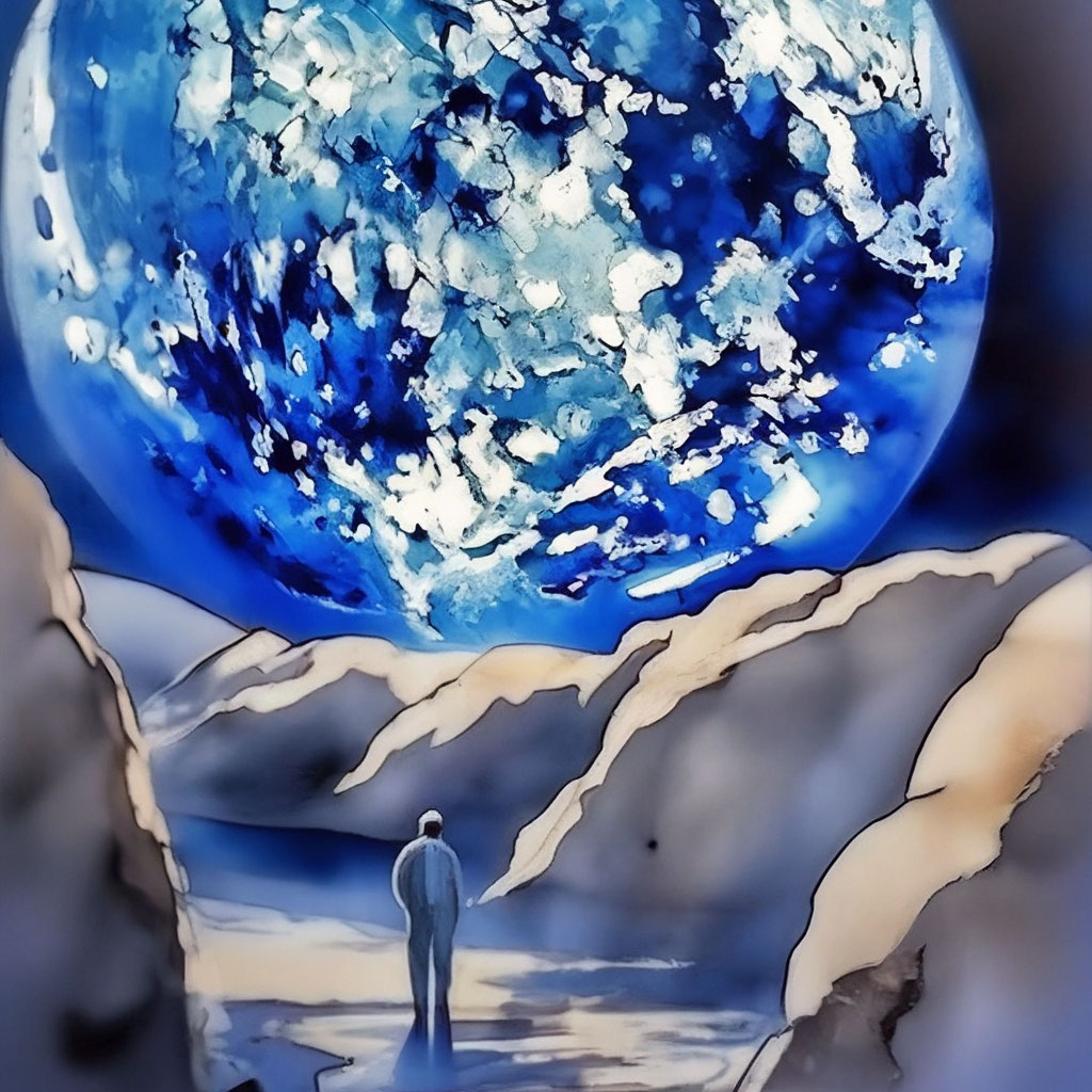 "There on the moon, on a blue boulder, the moon people are watching ...
