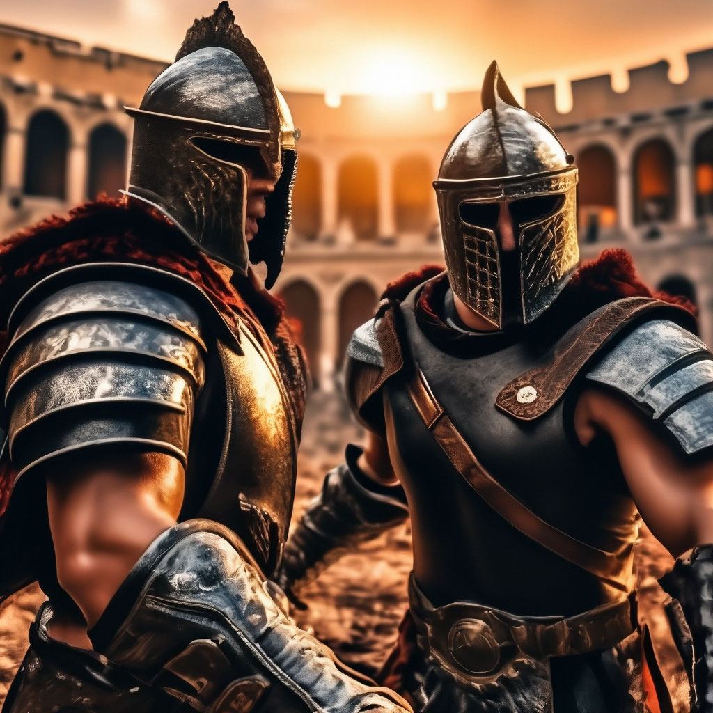 "Colosseum battle of two gladiators, one in black armor, the second in ...