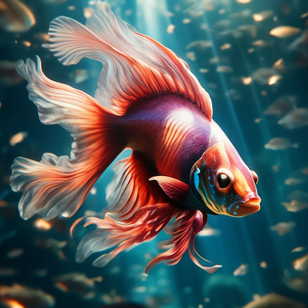 "Colored fish with large fins and tail swim in the depths of the ocean ...