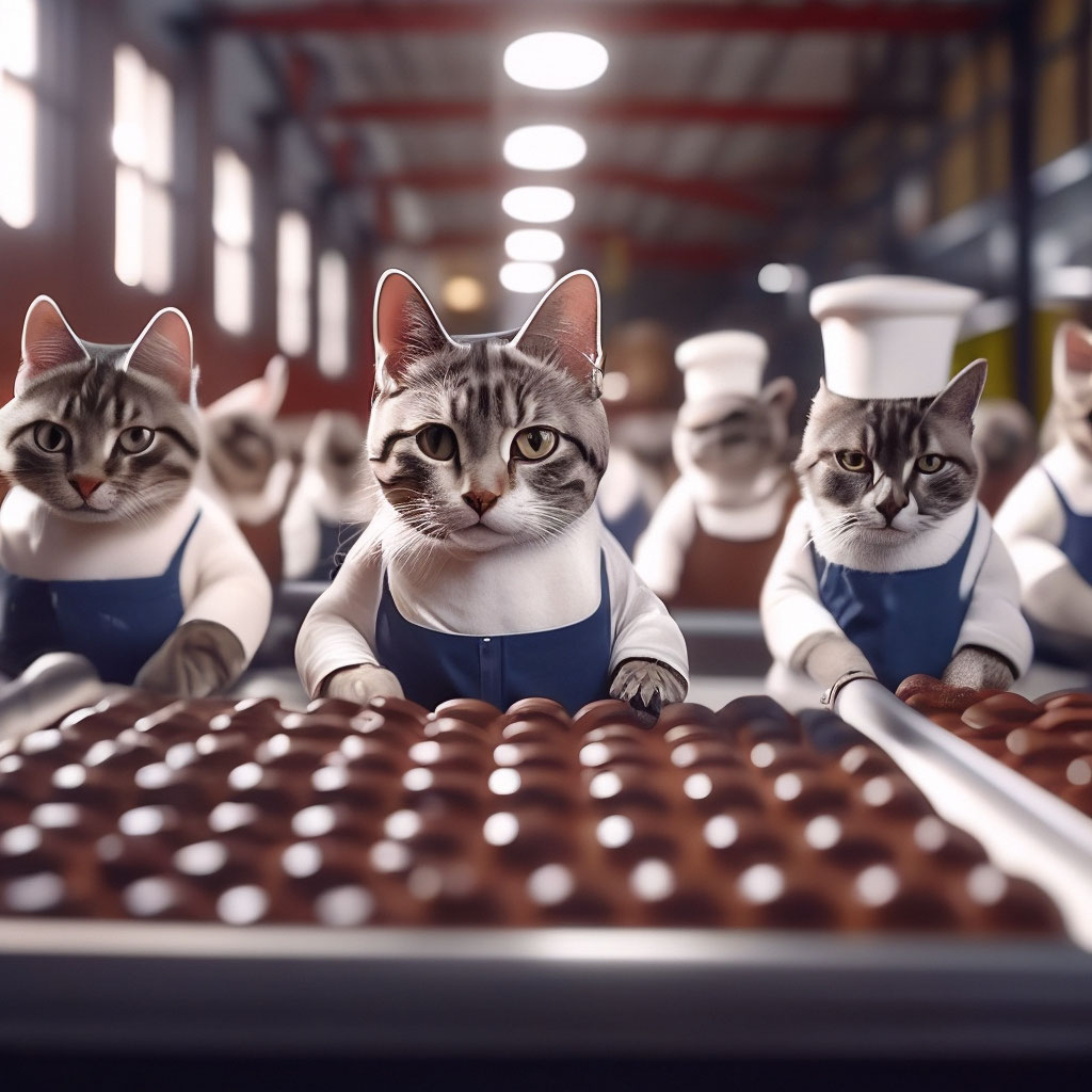 "Cats in uniform work at a chocolate factory, ISO 800, realistic ...
