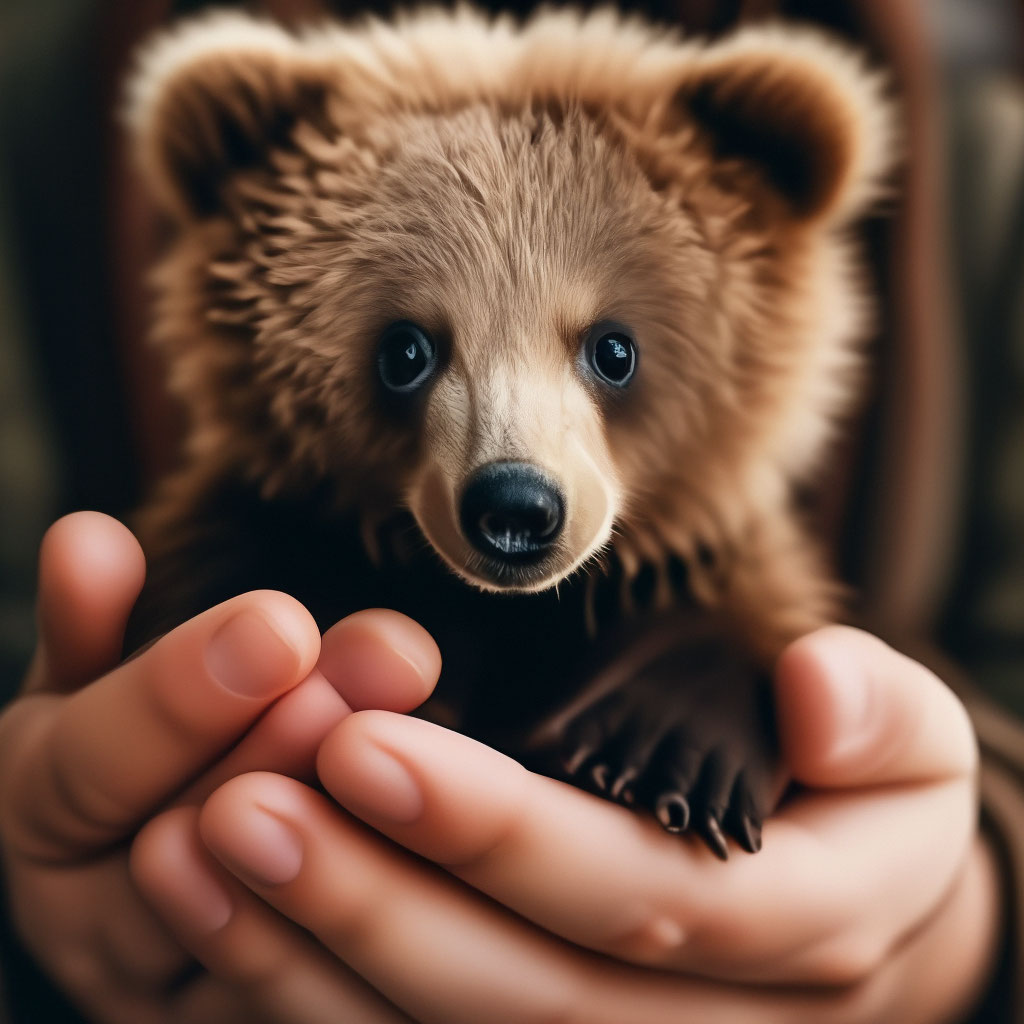 "The tiniest and cutest fluffy bear cub is sitting in the palms, big ...