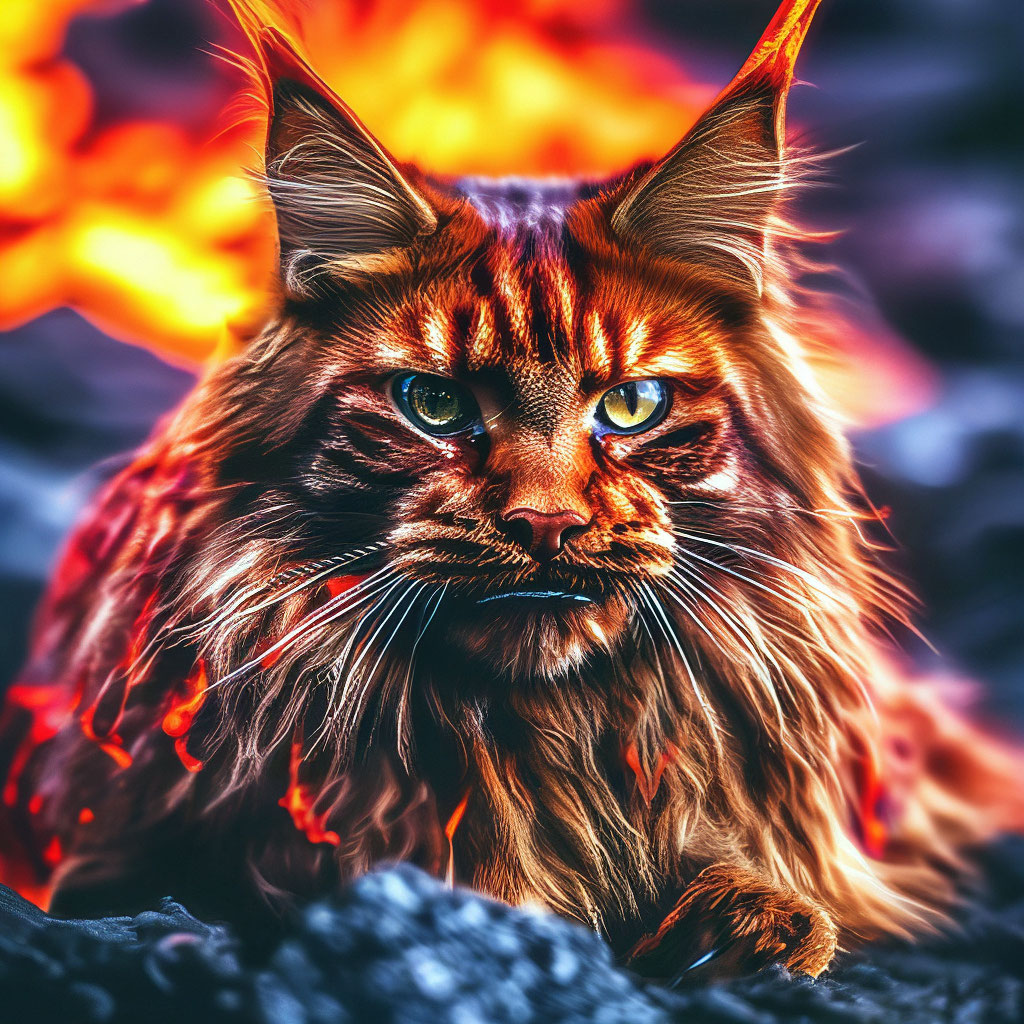 "Hyper realistic beautiful lava consisting of fire and lava maine coon ...