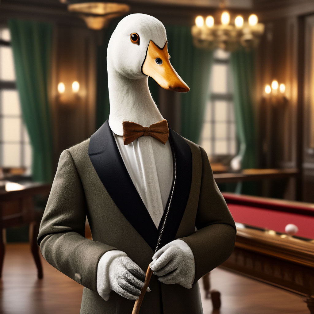 "Billiard room, stately, real realistic goose, full-length, holding a ...