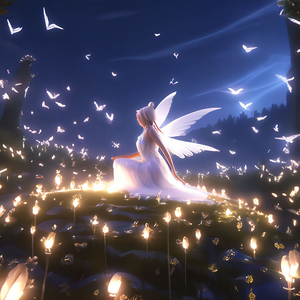 "A heavenly magical creature in the center, and many white fairies and ...
