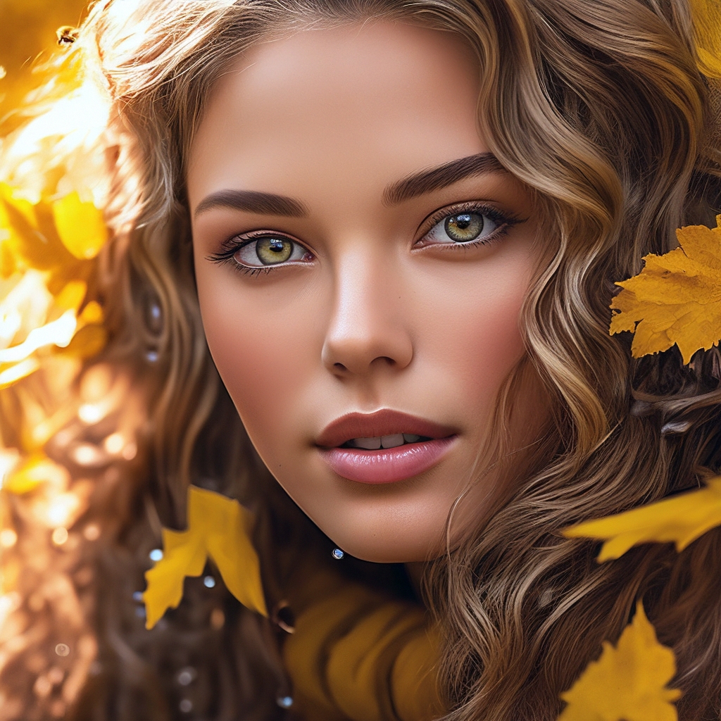 "Autumn art, joyful and beautiful image, wavy hair, rose gold color ...