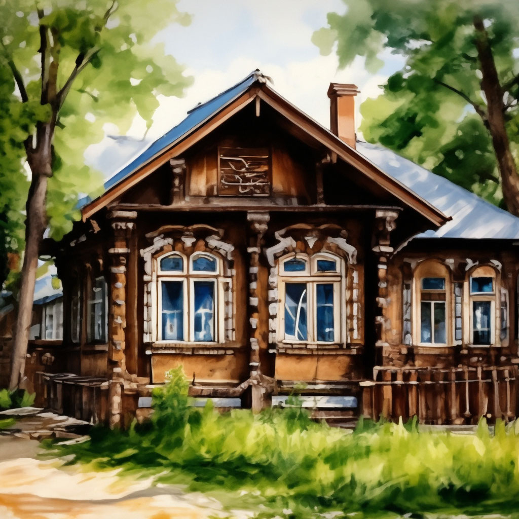 "Watercolor drawing, one-story Russian house brown with white and blue ...