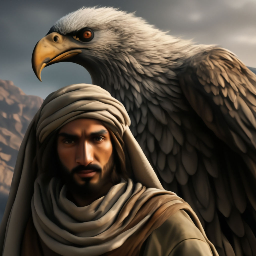 "The giant Roc bird and Alibaba in a turban, realism" — image created ...