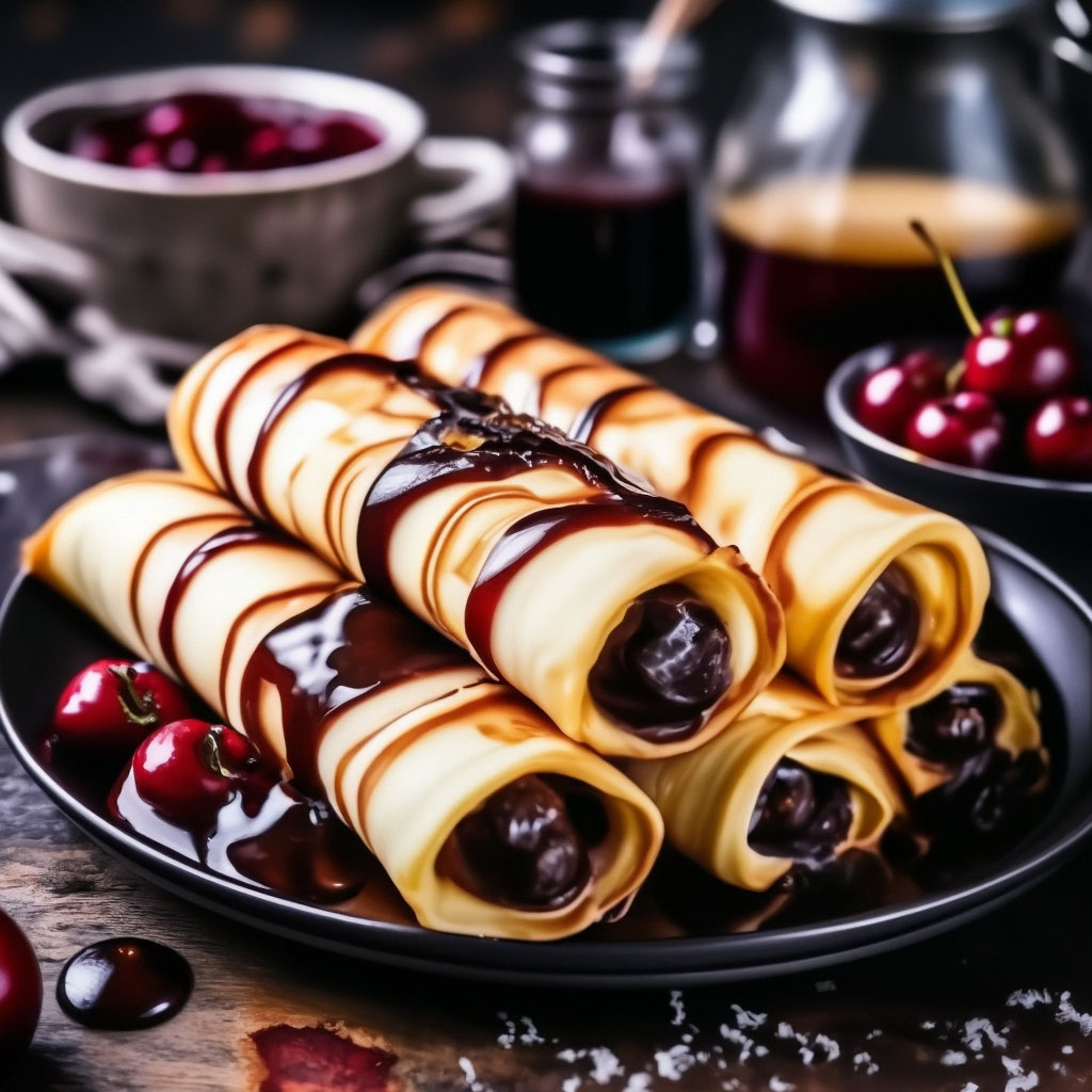 "Delicious pancakes wrapped in a tube, filled with cherries inside and ...