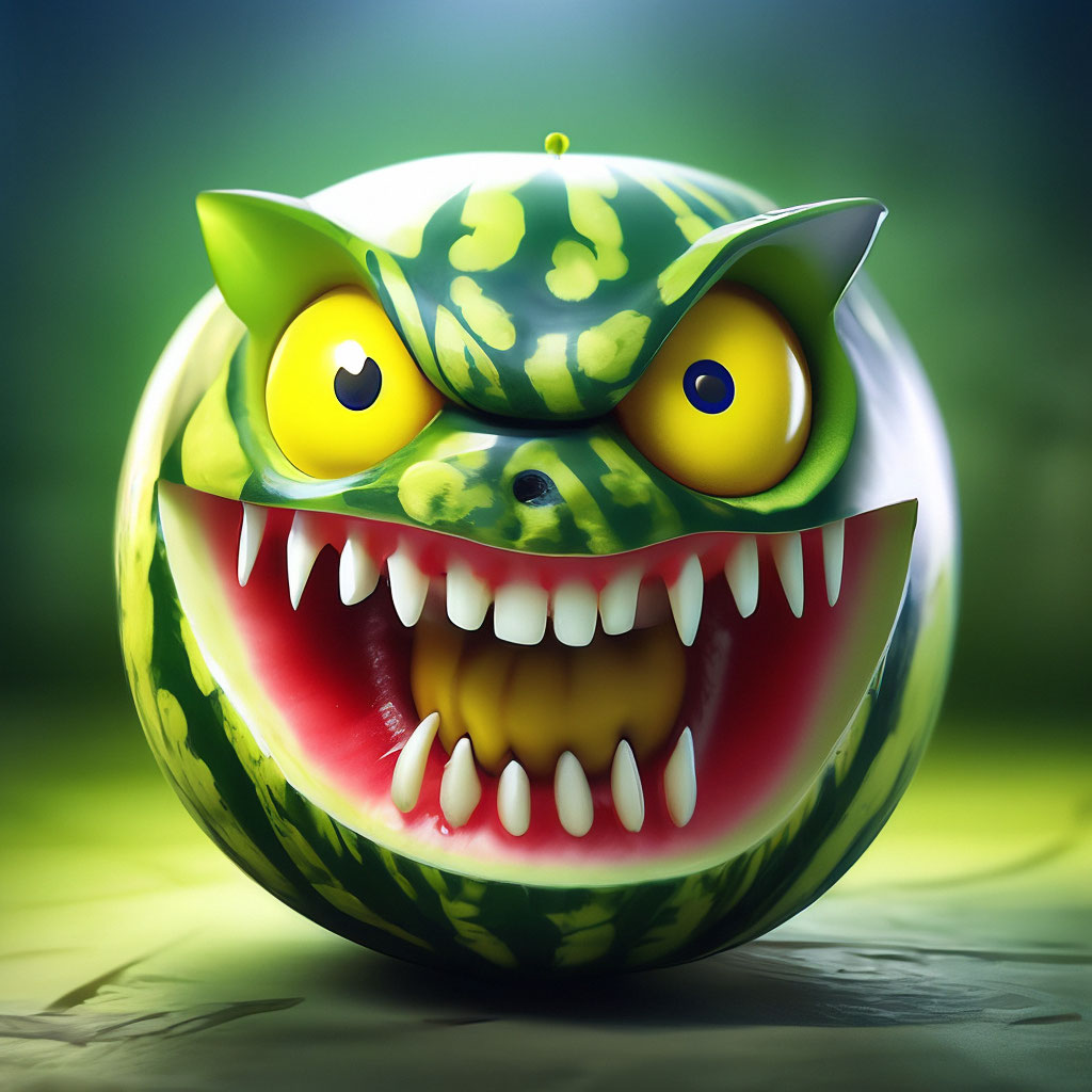 "Angry watermelon, with teeth and yellow eyes, texture, high detail ...