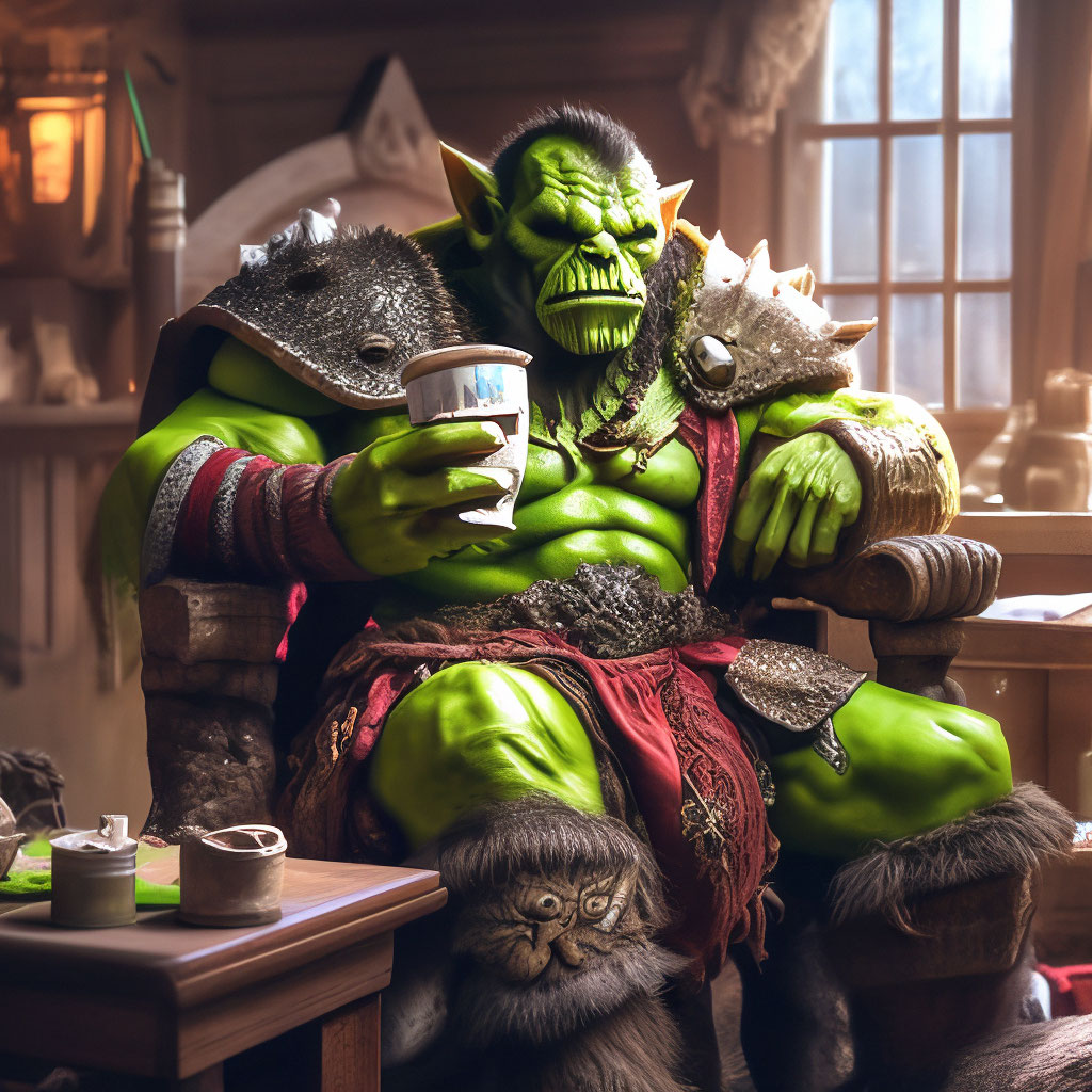"Everyday life of an Orc, home, environment, in underpants, sitting on ...