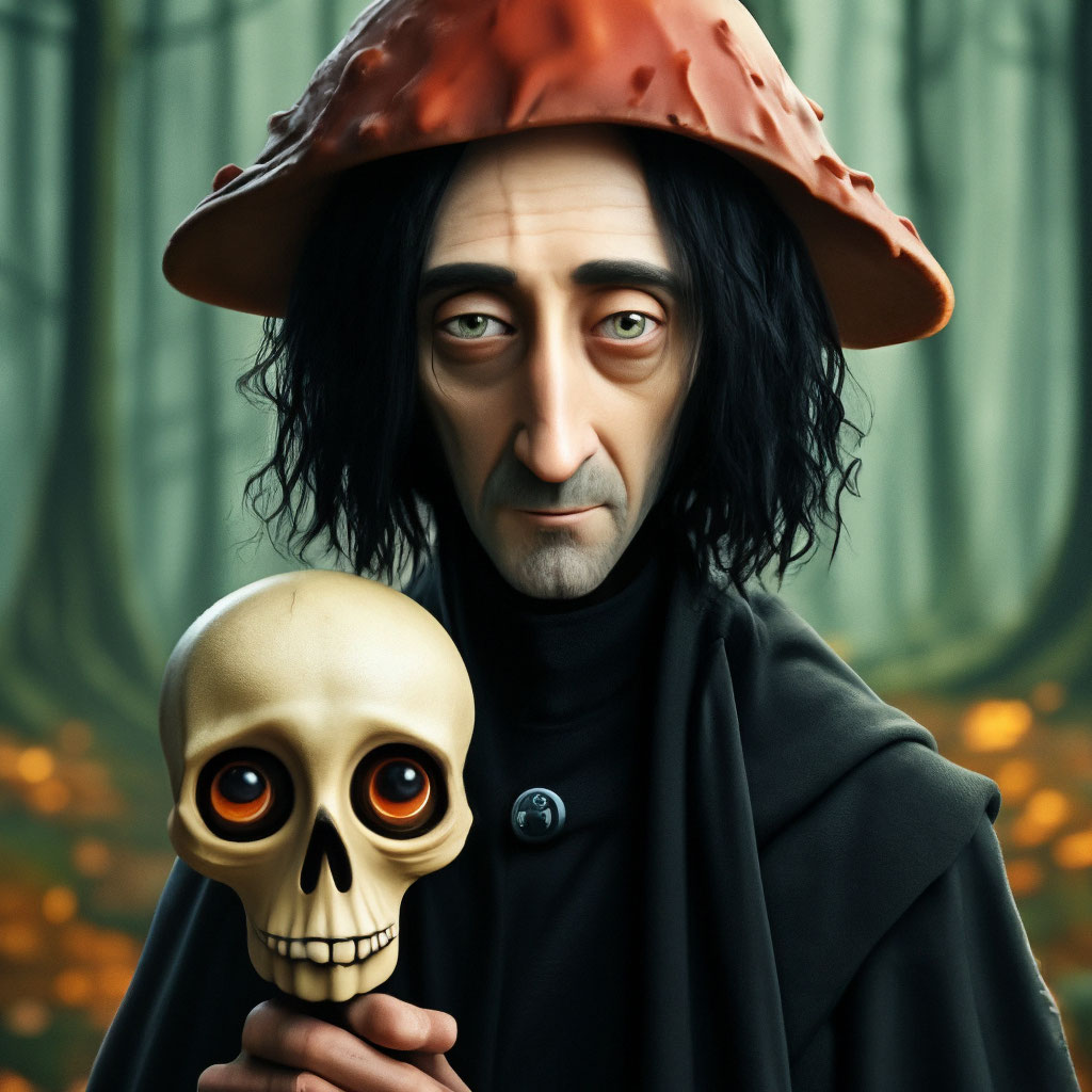 "Bug-eyed Severus Snape, cute ☺️ , in the style of Tim Burton, mushroom ...