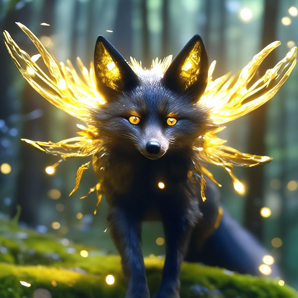 "Golden-winged fox, fantasy, surrealism, black fox with golden ...