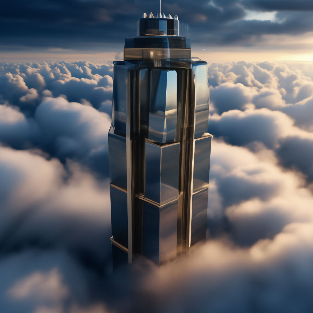 "Skyscraper high, above the clouds, white clouds wrapped skyscraper ...