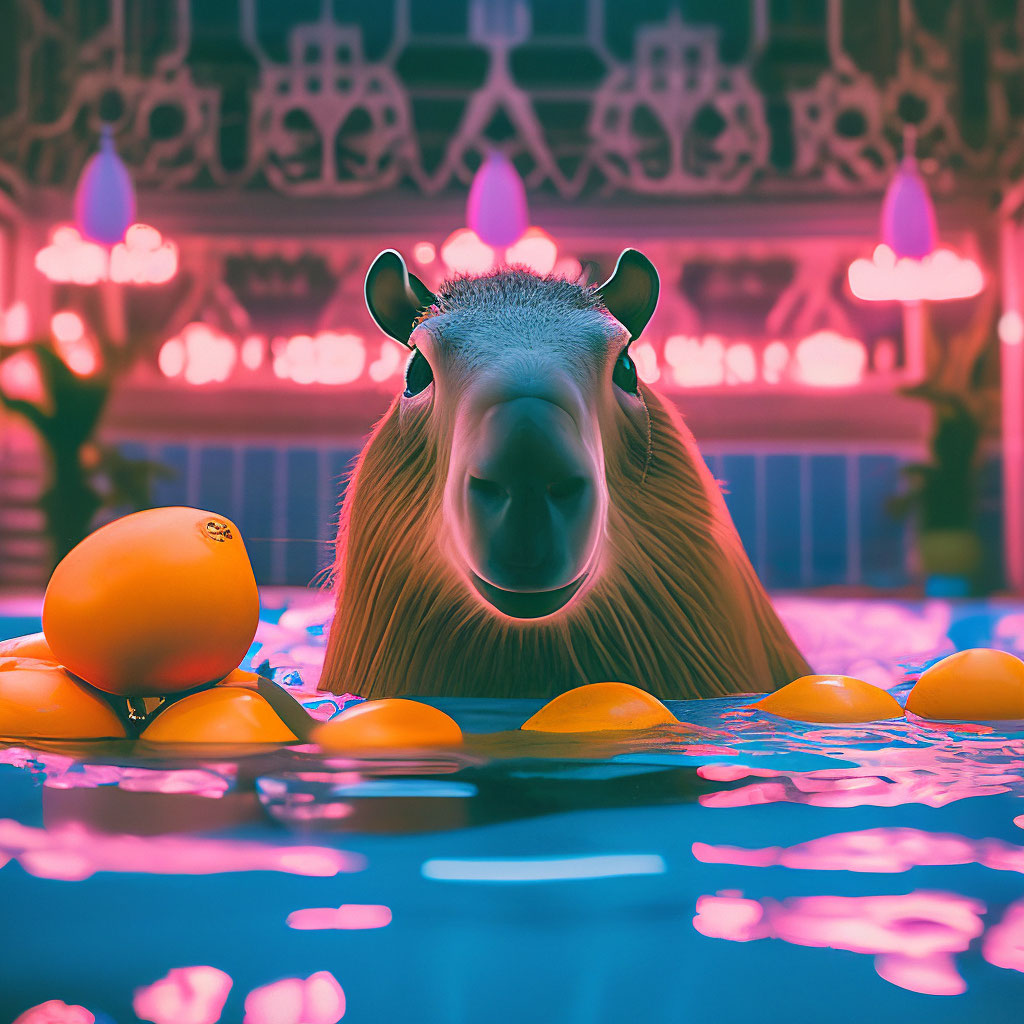 "Capybara with oranges in the pool" — image created in Shedevrum