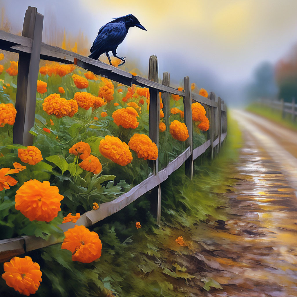 "☀️ A raven is sitting on a wooden fence, a country road along it ...