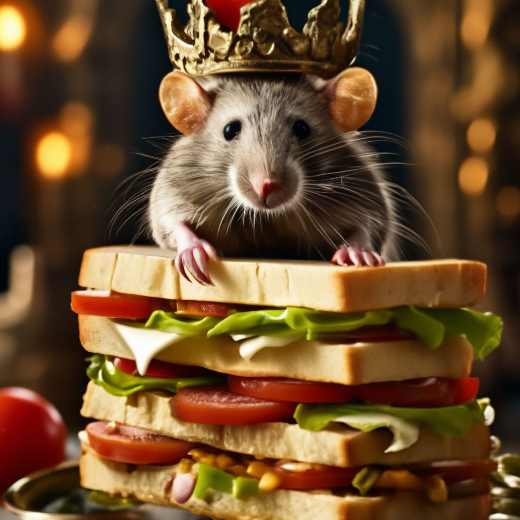 "Rat King sitting on a big sandwich, realistic, professional photo, 4k ...