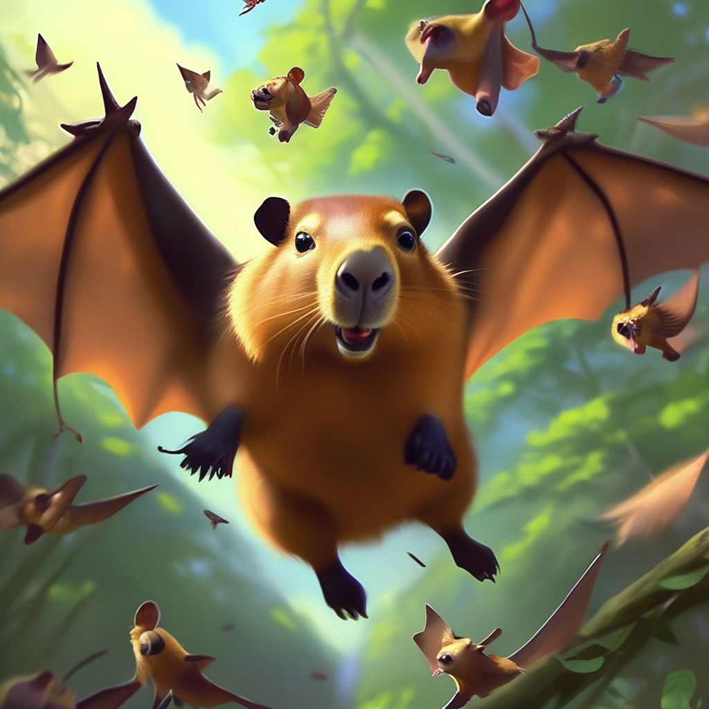 "Flying capybara hunting bats" — image created in Shedevrum