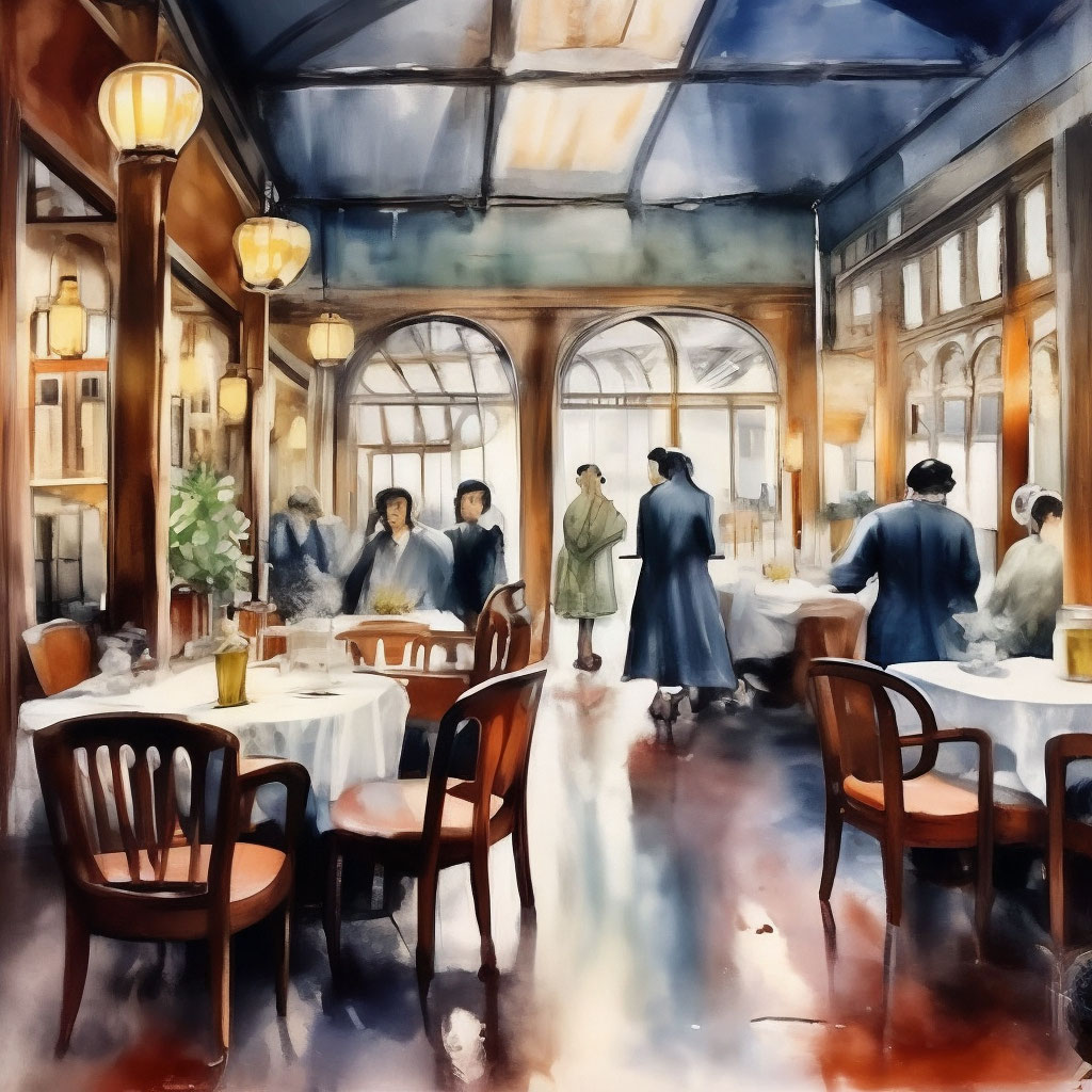 "The interior of the restaurant of the 1920s. watercolor, detail, rainy ...