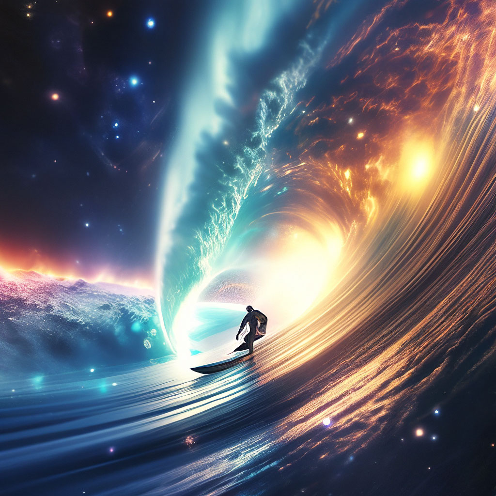 "Space surfer inside the luminescent galactic wave+magic dust, glow ...
