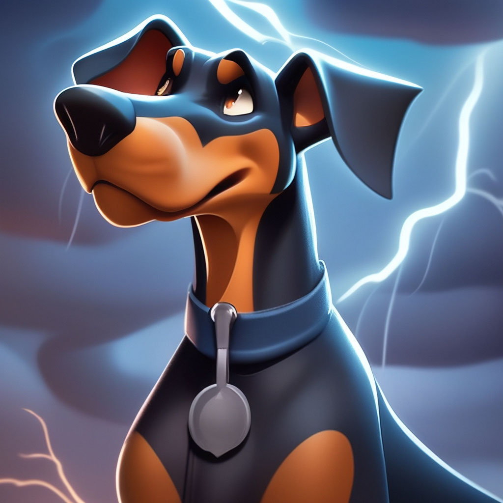 "Thunderstorm. Slender lean Doberman dog with hanging ears, Disney ...