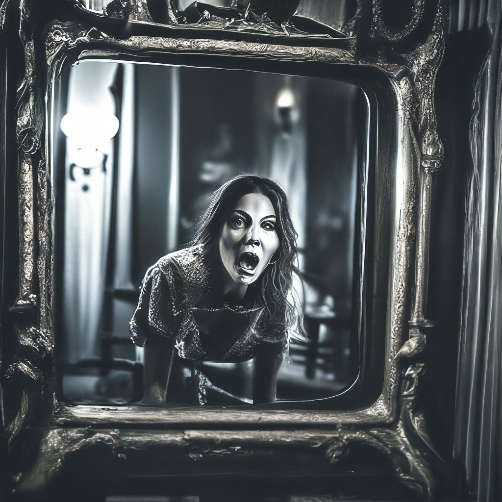 "Fear in mirrors, dark art, high quality, high resolution, creepy ...