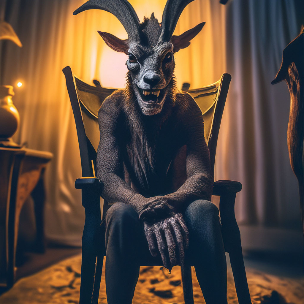 "A creepy creature with a goat's head with a creepy smile with a crazy ...