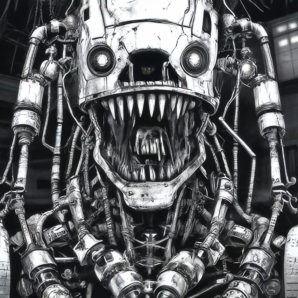 "Big robot, toothy, human robot, robotic jaw and eyes, wires sticking ...