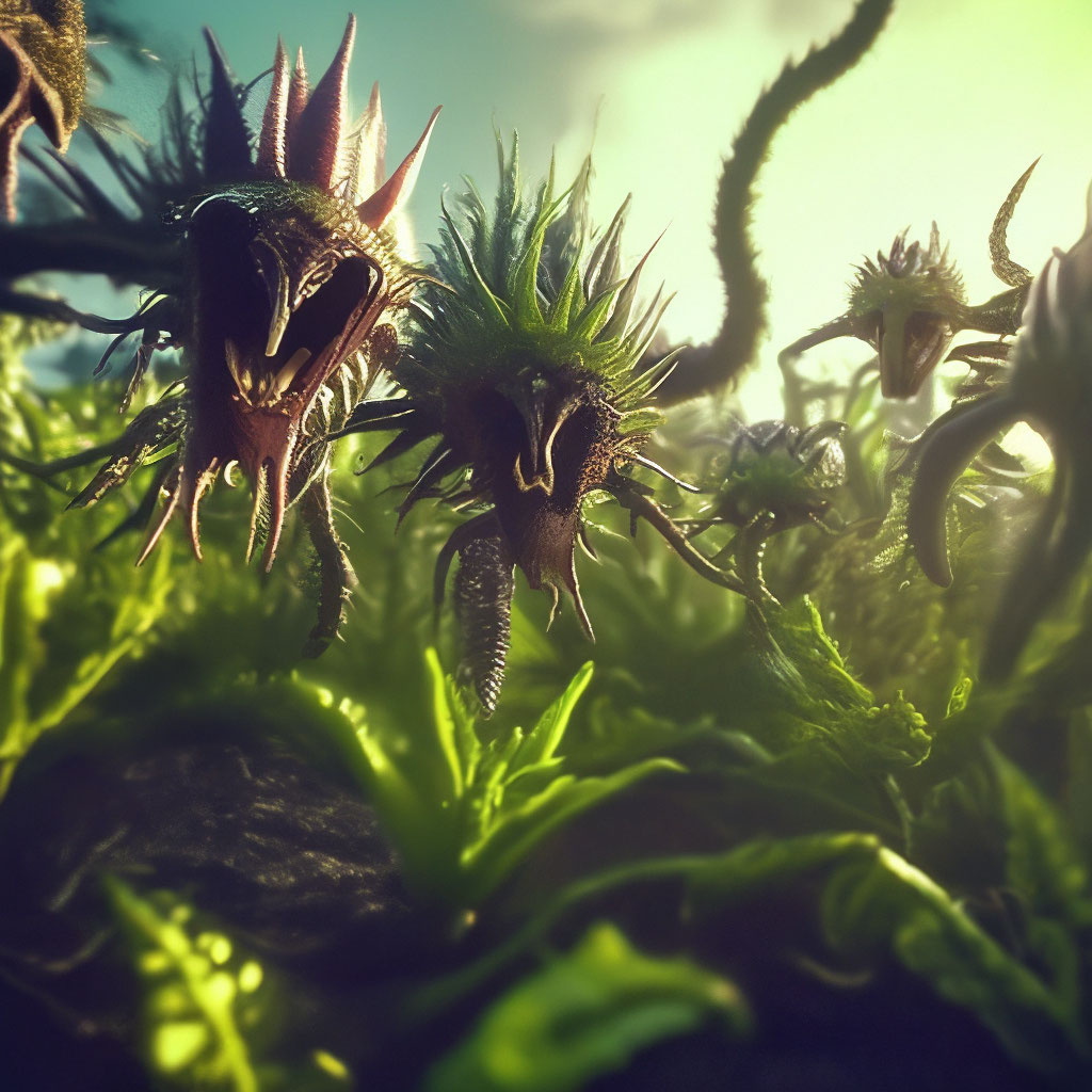 "Fantasy, horrible, scary mutant weeds attack, realistic, beautiful ...
