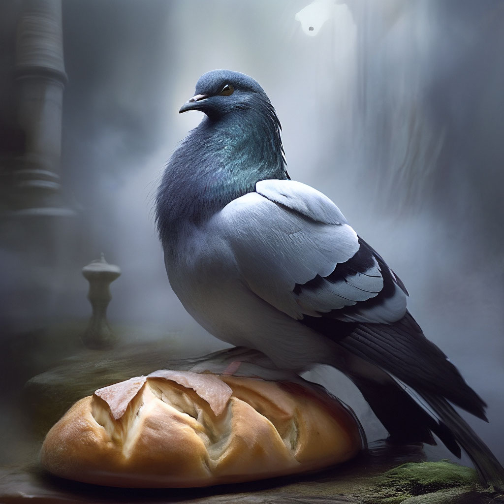 "The King Pigeon of the Bread Crust" — image created in Shedevrum