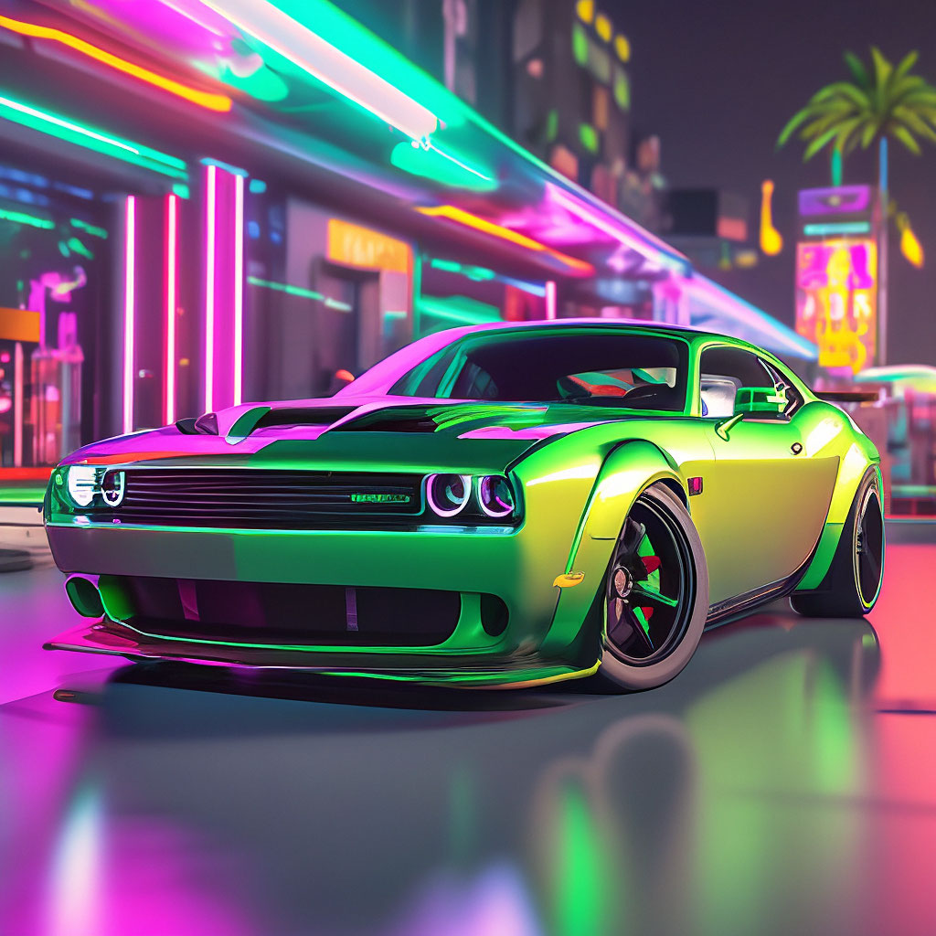 "DODGE Hellcat car of dark poor green color on drag wheels and cream ...