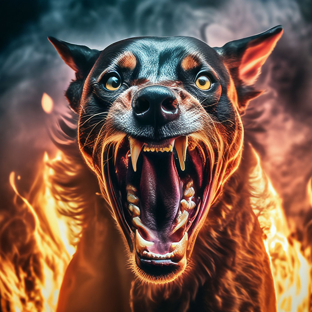 "Hellhound,burning eyes, flames bursting out of the mouth, beautiful ...