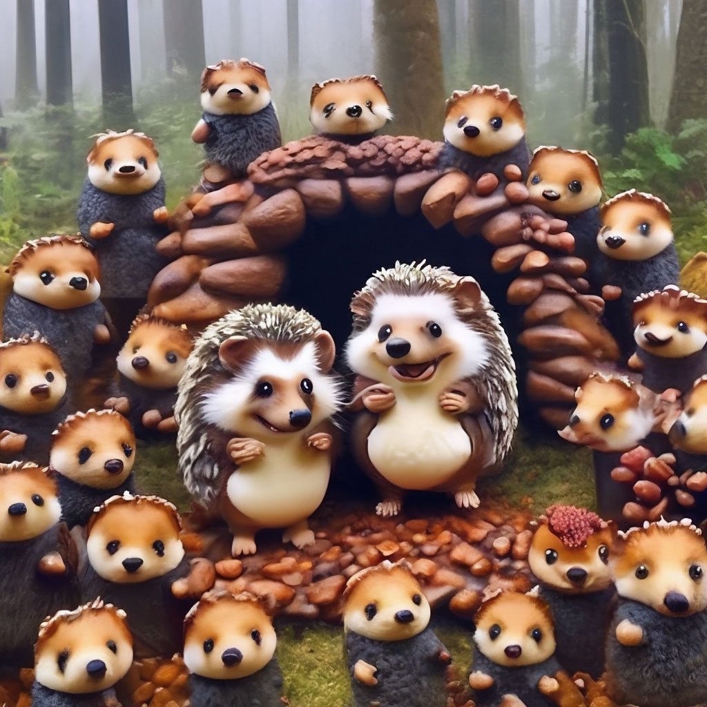 "Hedgehog and hedgehog smile next to a lot of little hedgehogs. The ...