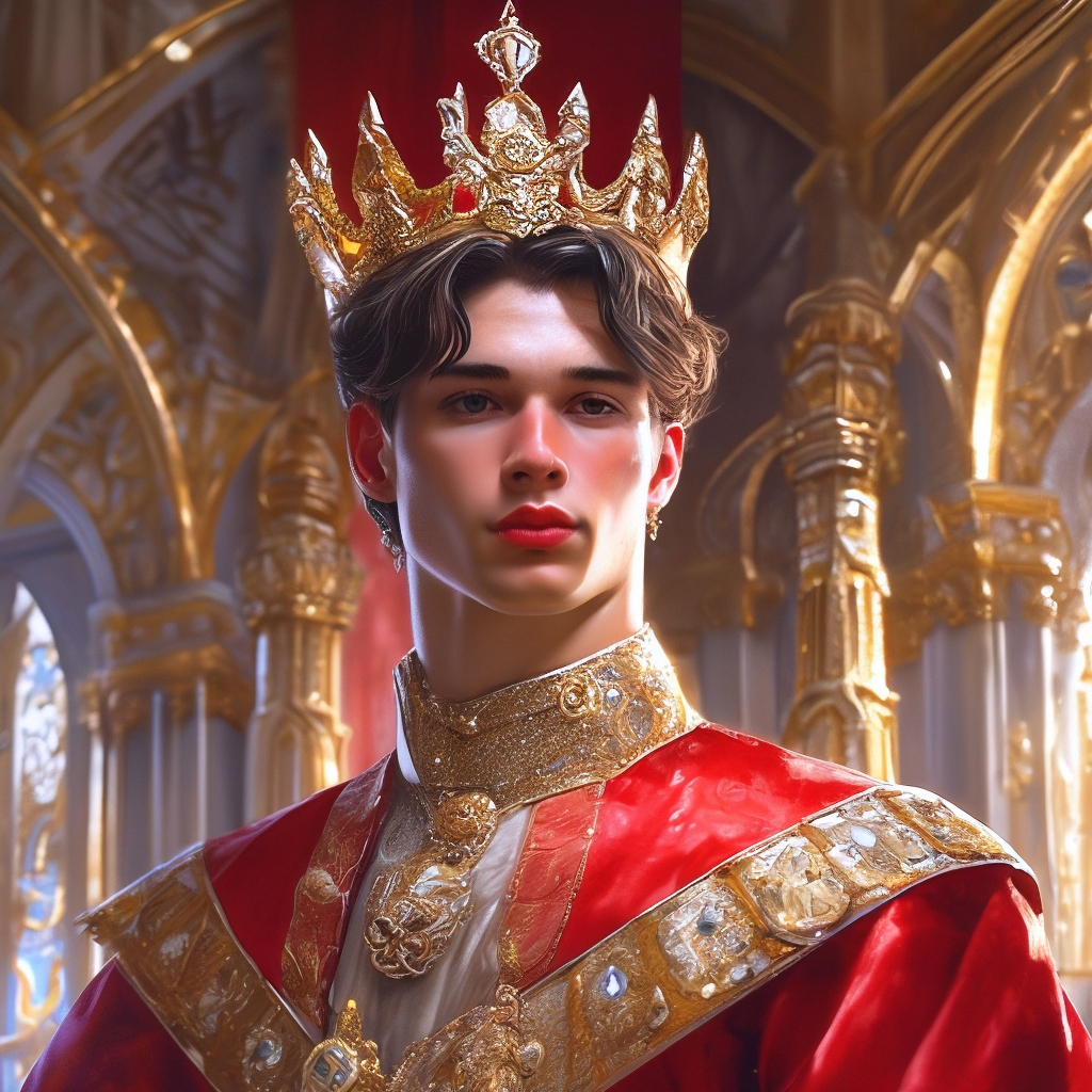 "King, castle, young handsome, in red, crown, gold, diamonds, detailing ...