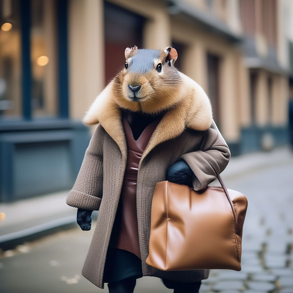 "A capybara in a fur coat walks around the city and carries bags ...